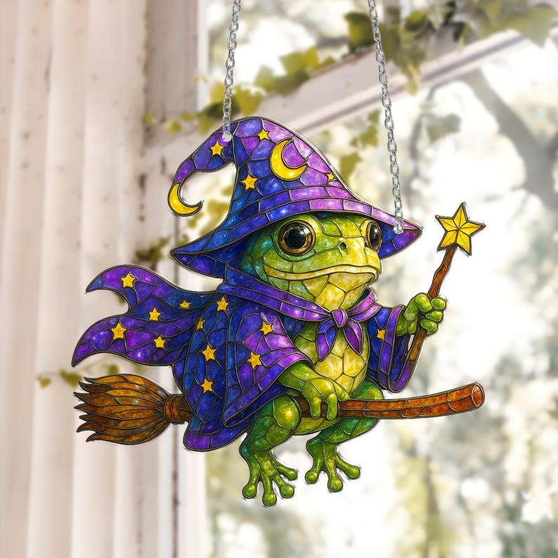 Halloween Witch Frog Suncatcher, Faux Stained Glass Wizard Ornament ...