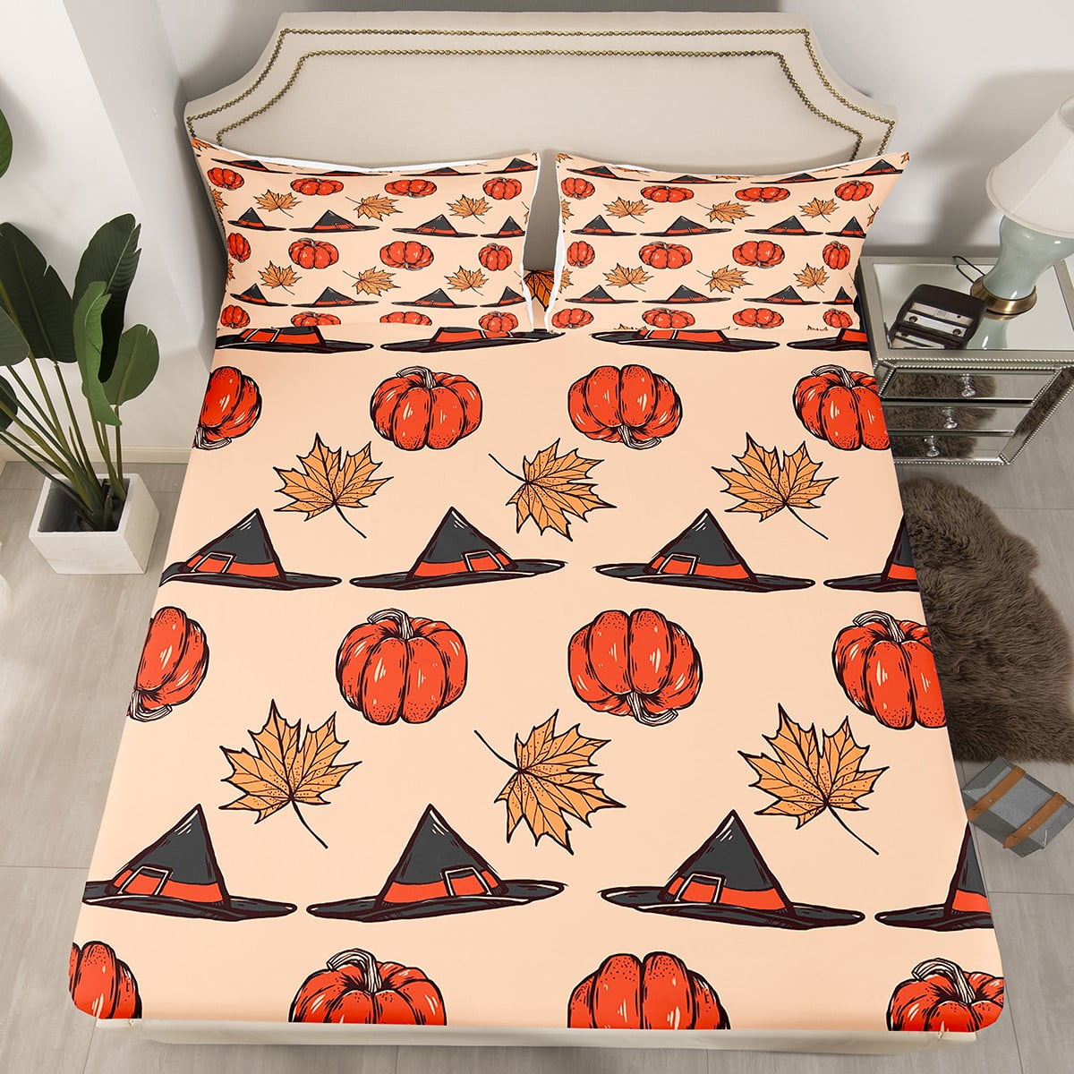 Halloween Witch Hat Fitted Sheet Cartoon Pumpkin Botanical Leaves Bed ...