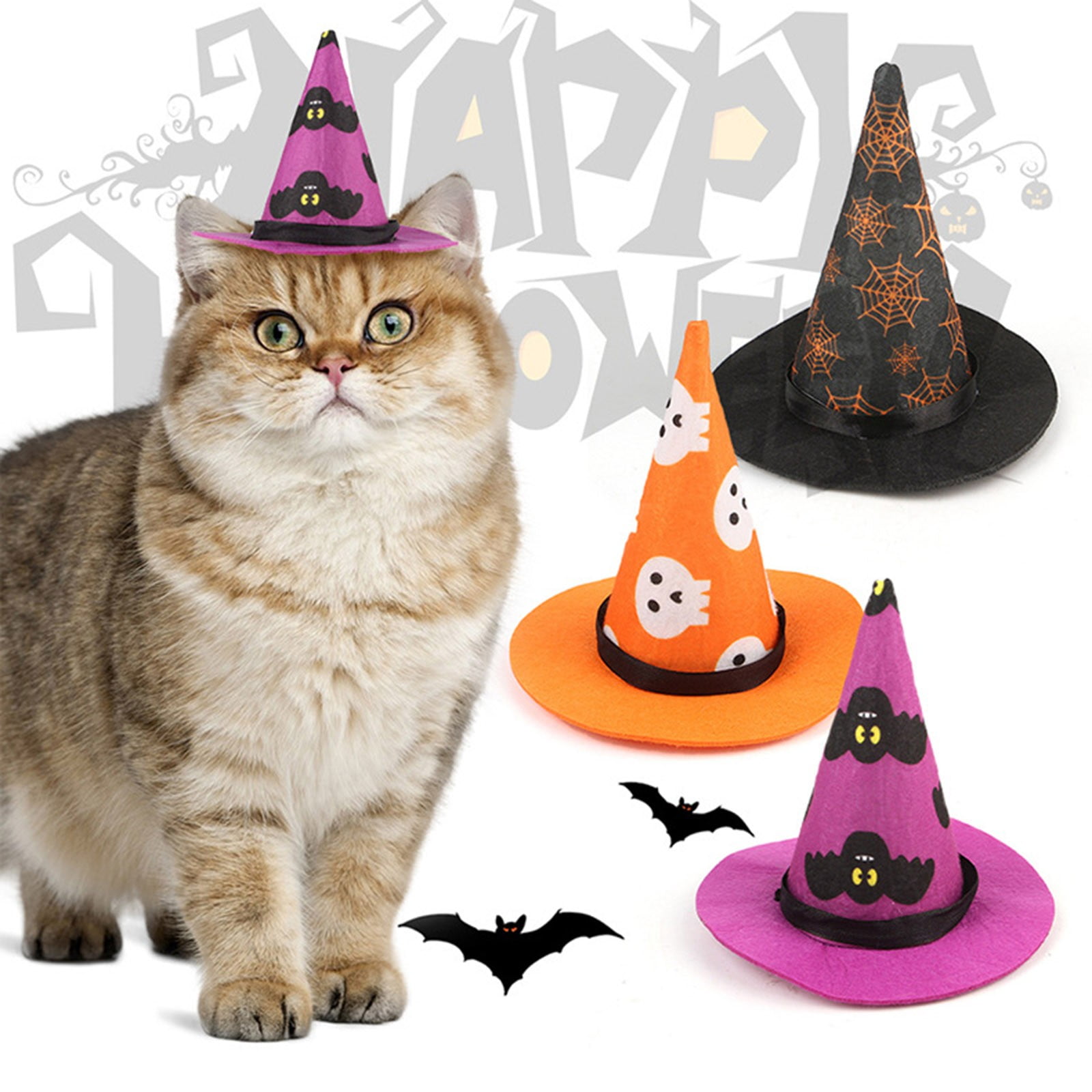 Halloween Witch Hat for Dog and Cat, Black Cone Hat with Orange Spider ...