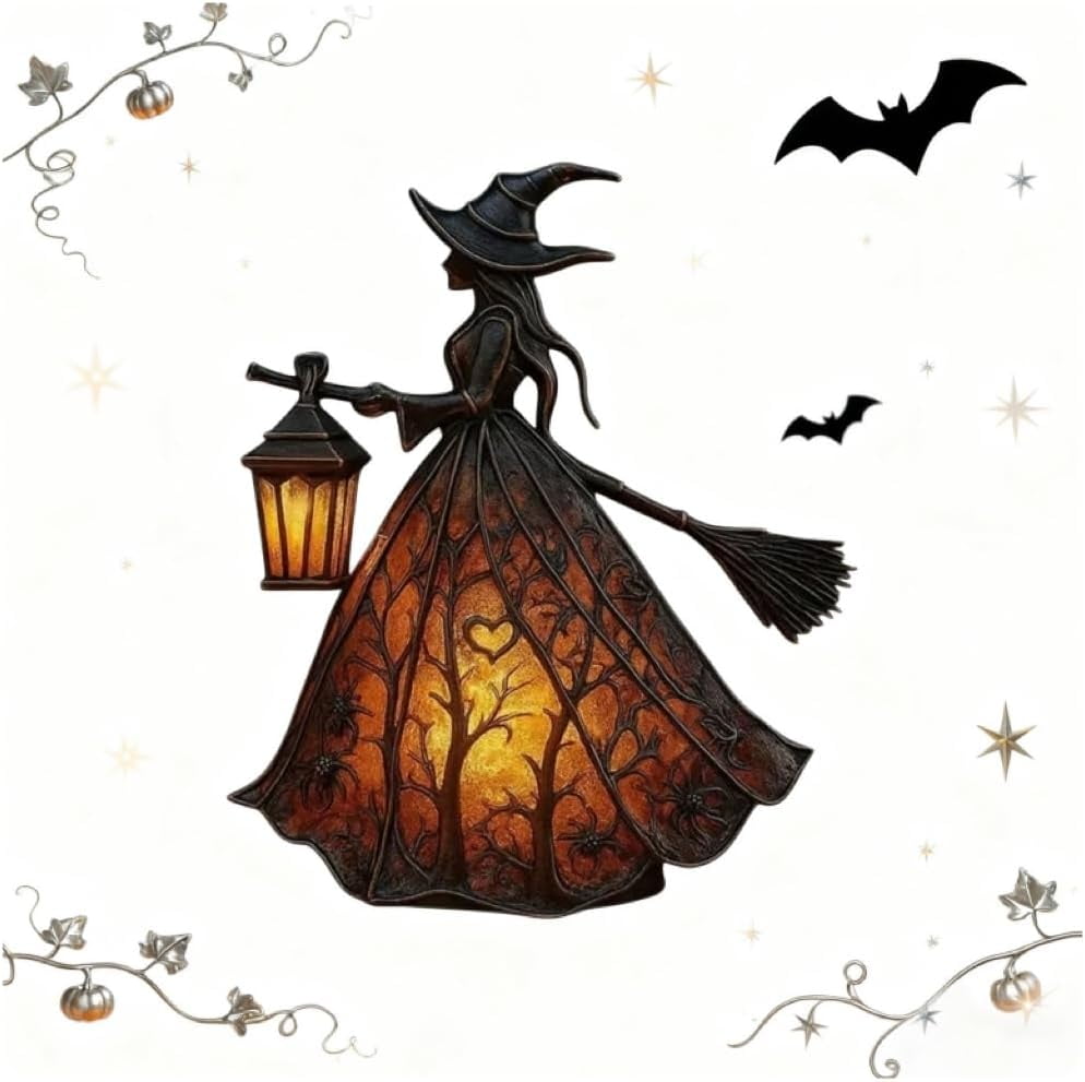 Halloween Witch Lamp, Gothic Spooky Witch Decor with Holding Lantern ...
