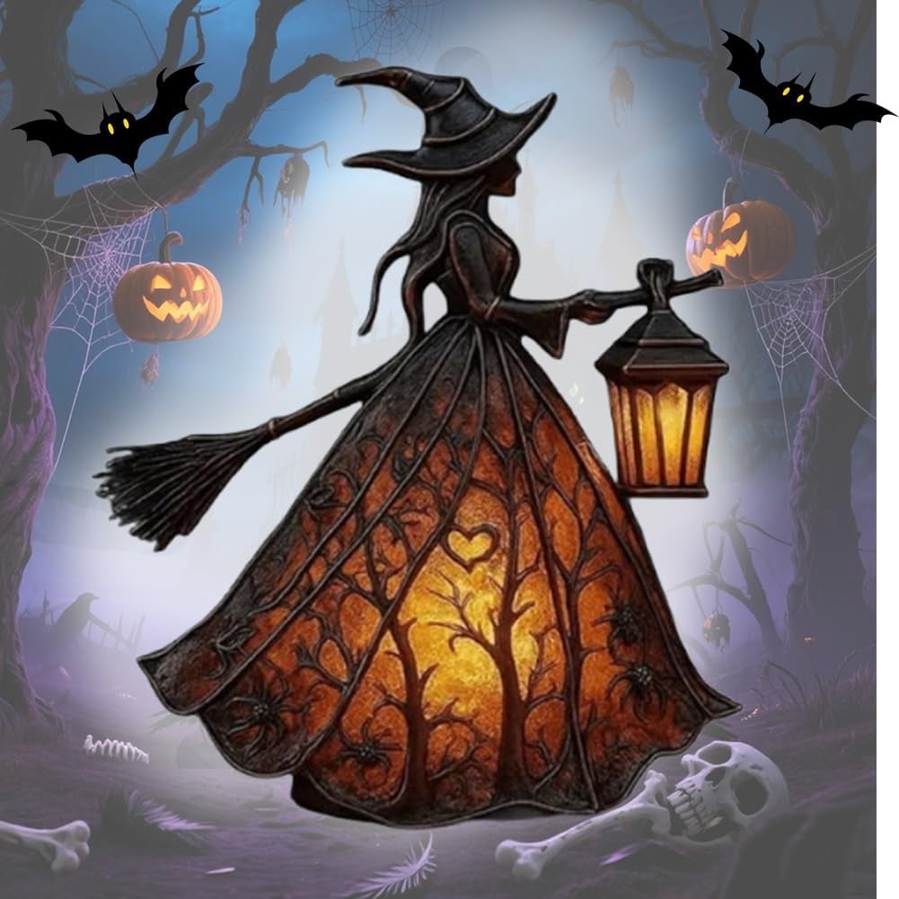 Halloween Witch Lamp, Gothic Spooky Witch Decor with Holding Lantern ...