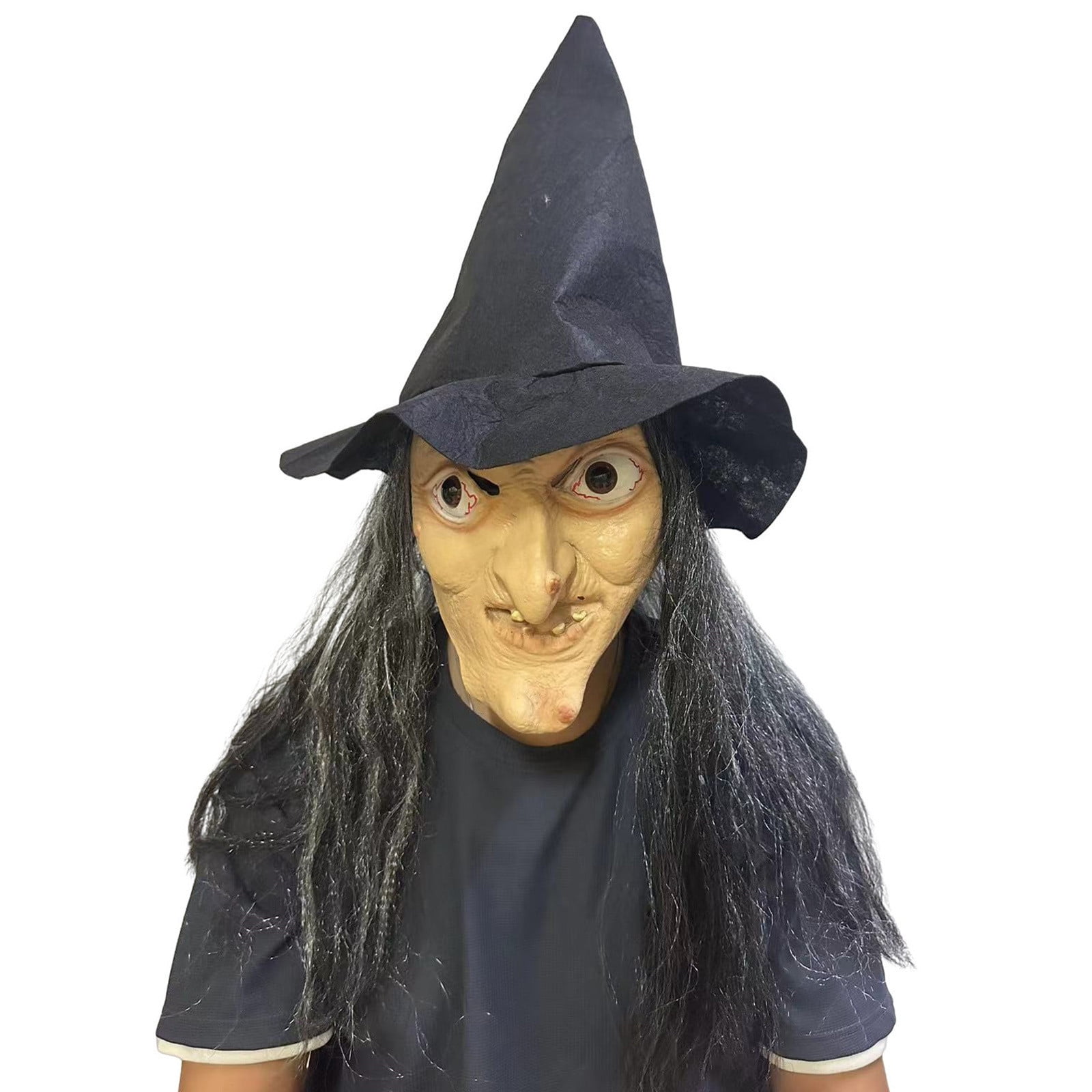 Halloween Witch Mask with Long Hair and Hat – Scary Latex Full Head ...