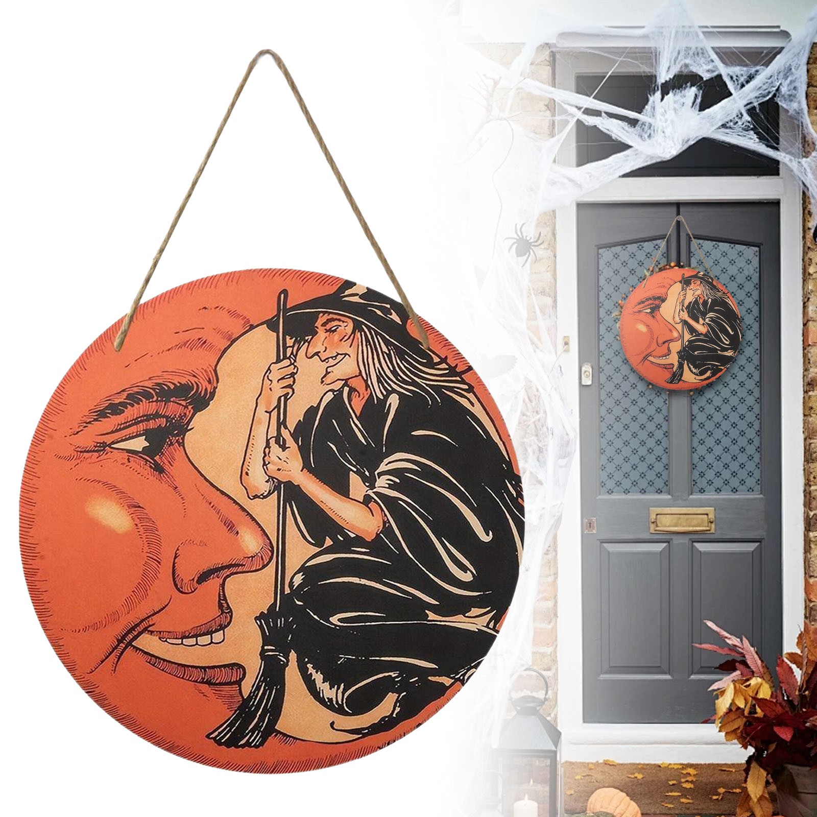 Halloween Witch Moon Decoration, Witch Moon Wooden Wall Hanging ...