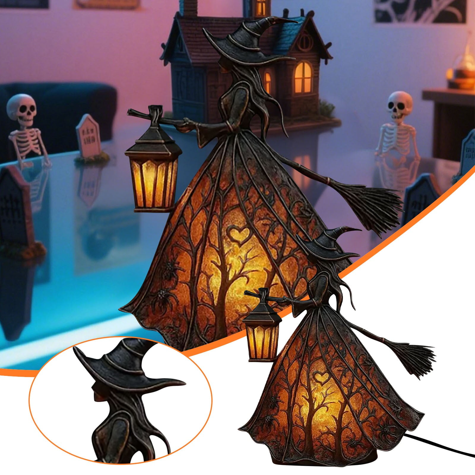 Witch Night Light, Halloween Cute Witch Lamp with Broom and Lantern ...