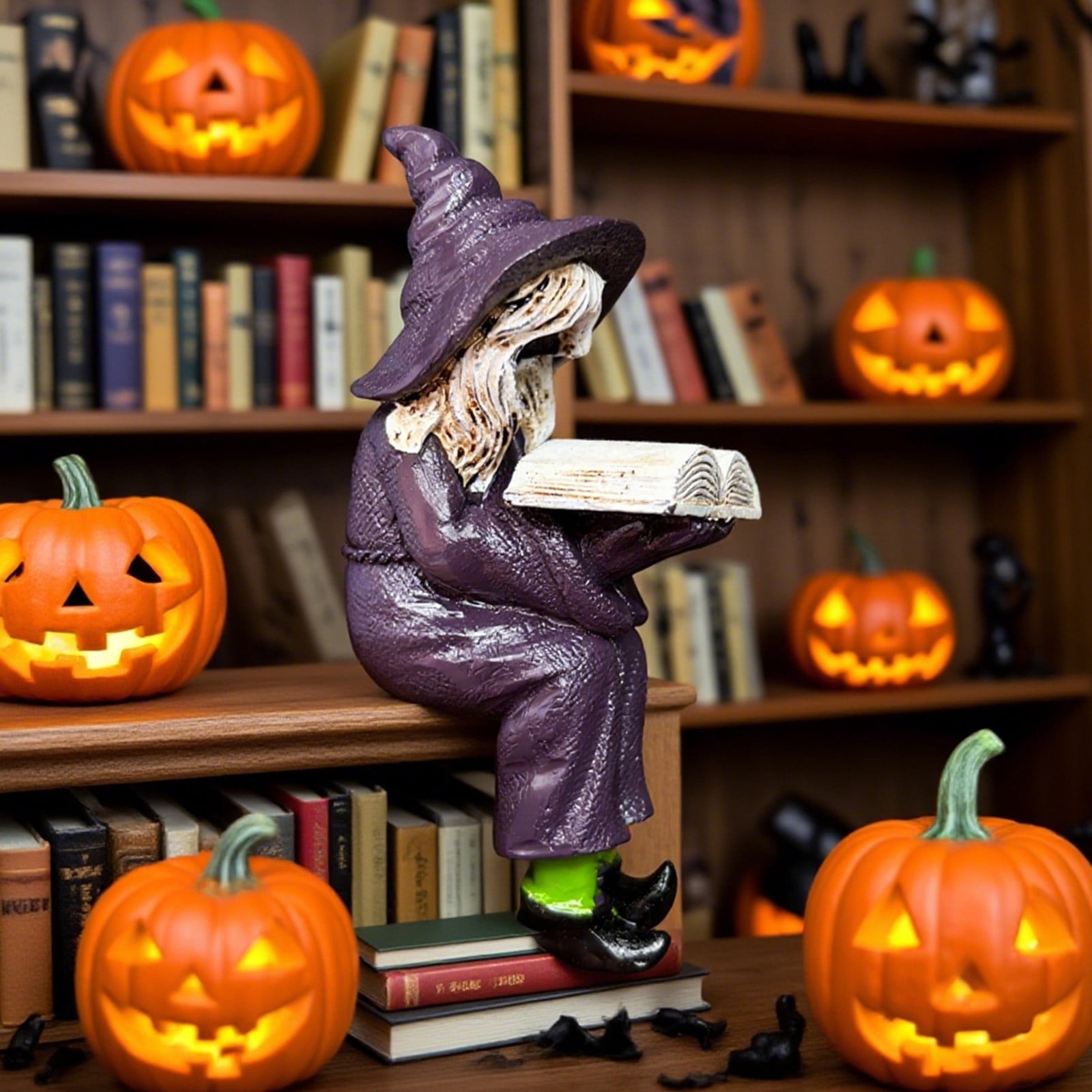 Halloween Witch Reading Resin Statue Handmade Desk Ornament Book Themed ...