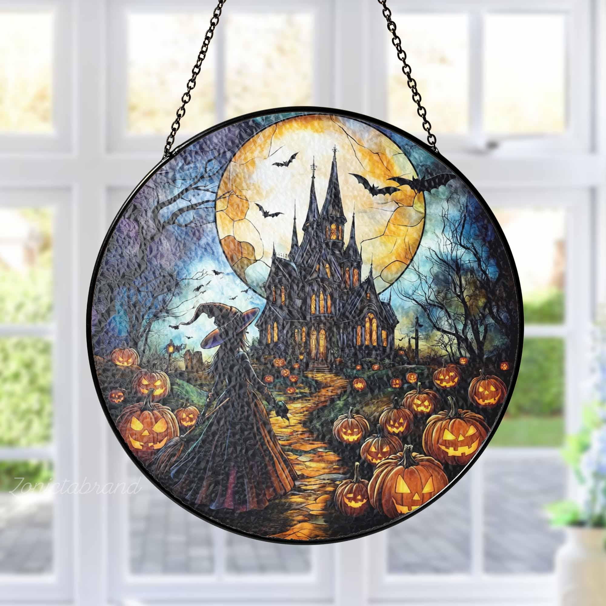 Halloween Witch Suncatcher, Witcher Castle Stained Glass Suncatcher ...