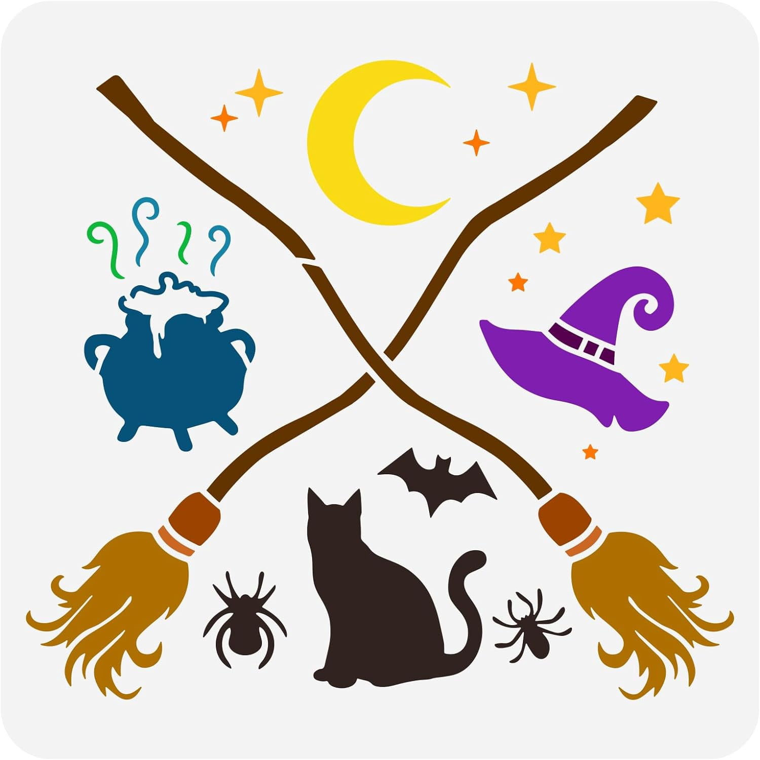 Halloween Witch Theme Stencil 11.8x11.8 inch Moon Stars Stencil Plastic ...