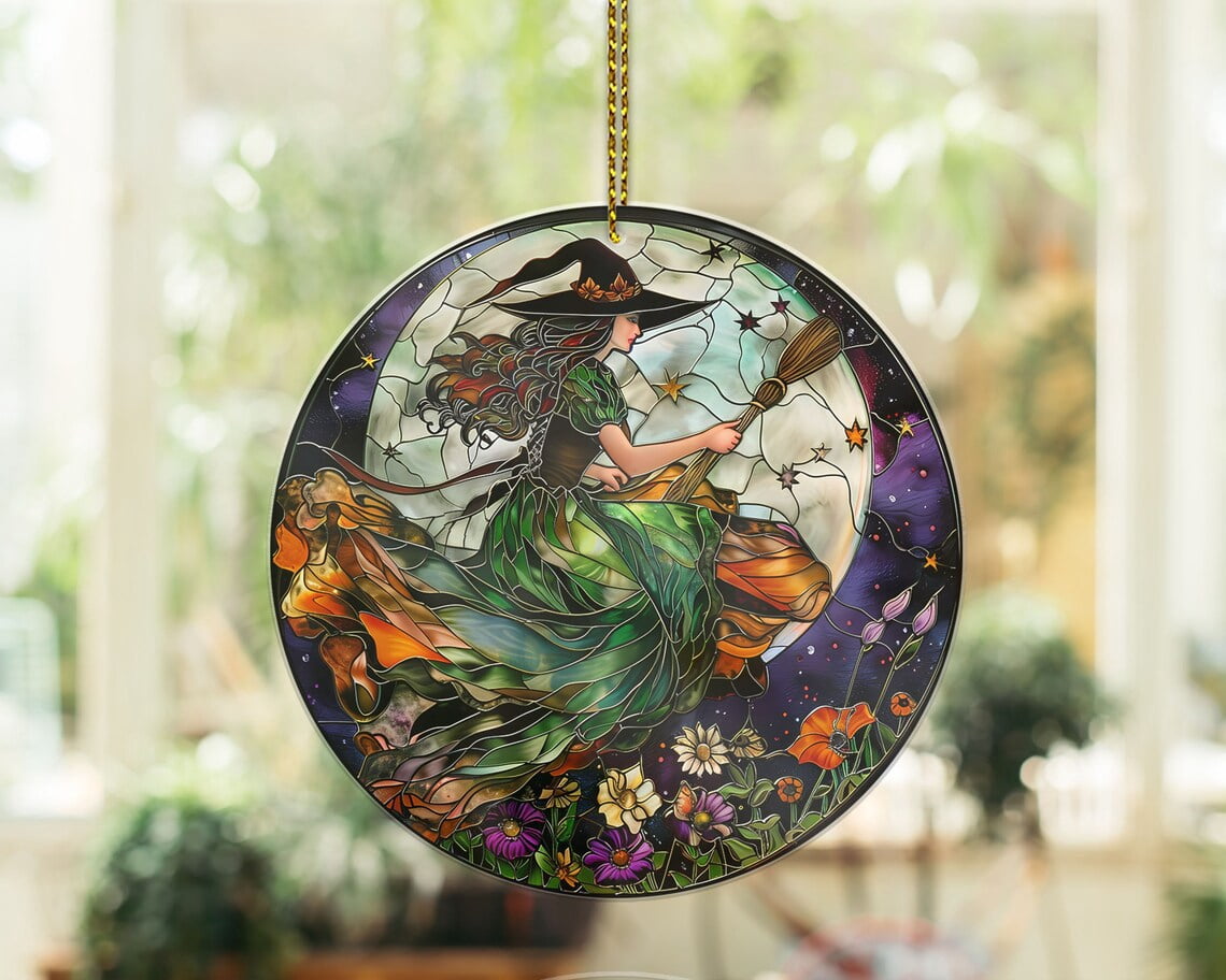 Halloween Witch With Moon Acrylic Suncatcher, Witch Window Hanging ...