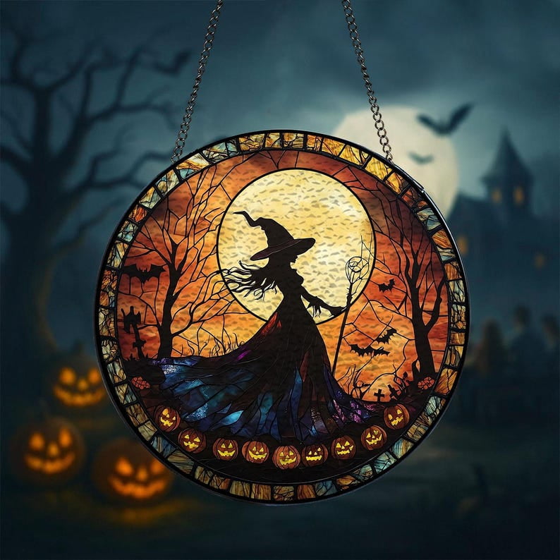 Halloween Witch With Moon Suncatcher, Witchy Window Hanging Decor ...