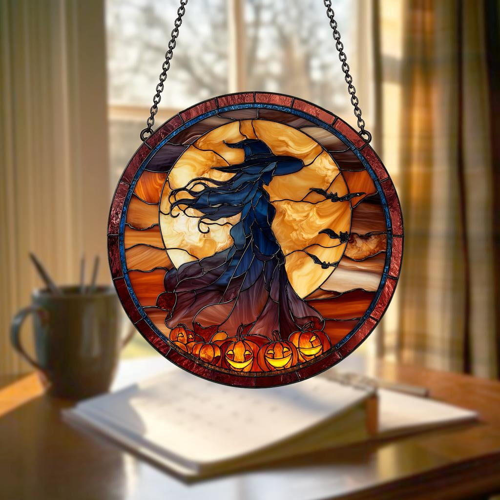 Halloween Witch With Moon Suncatcher, Witchy Window Hanging Decor ...
