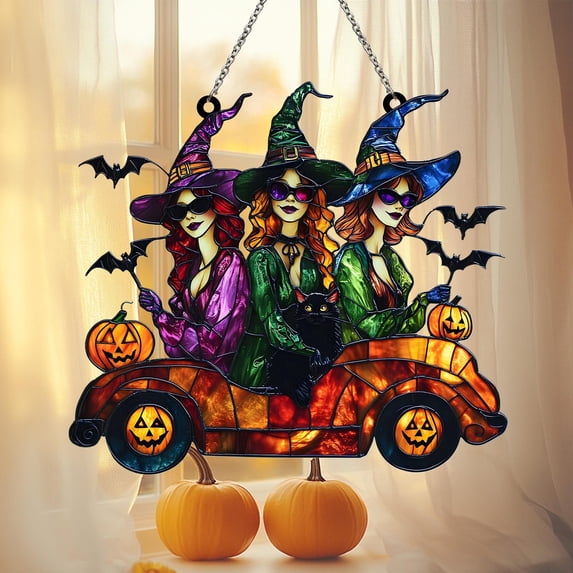 Halloween Witches Acrylic Suncatcher, Faux Stained Glass Window Hanging ...