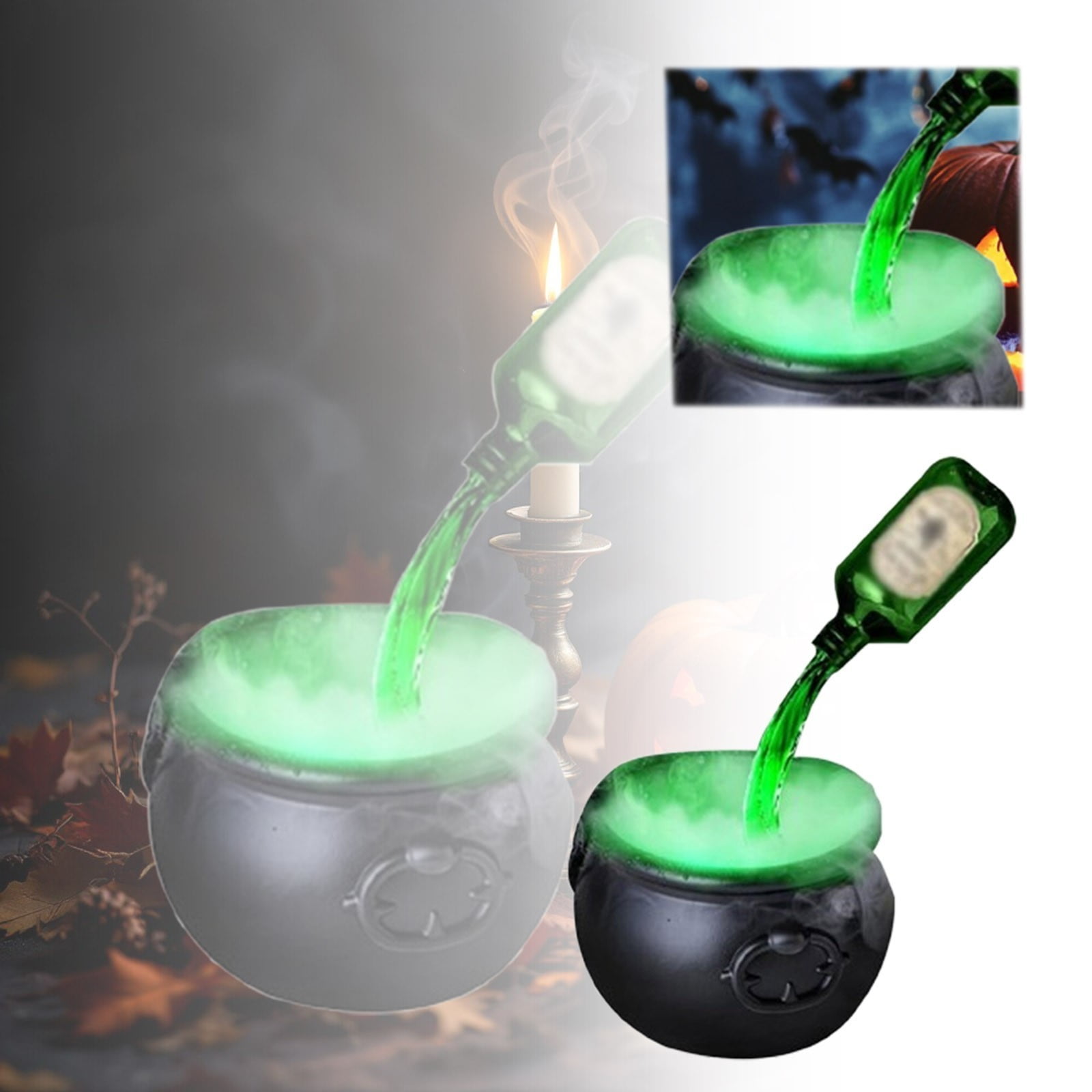 Halloween Witches Cauldron with Magical Floating Potion Bottles and Fog ...