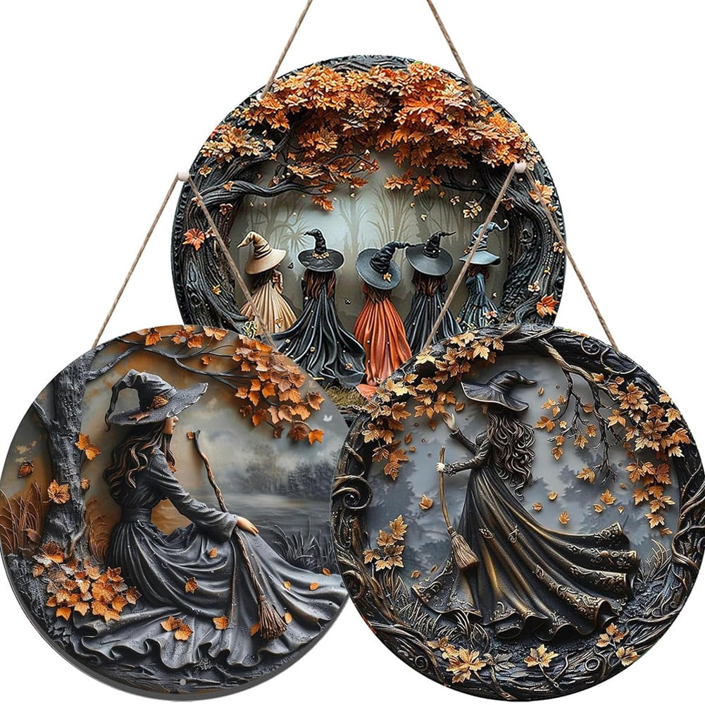 Halloween Witching Hour Sign 2D Wooden Round Witches Door Plaque ...