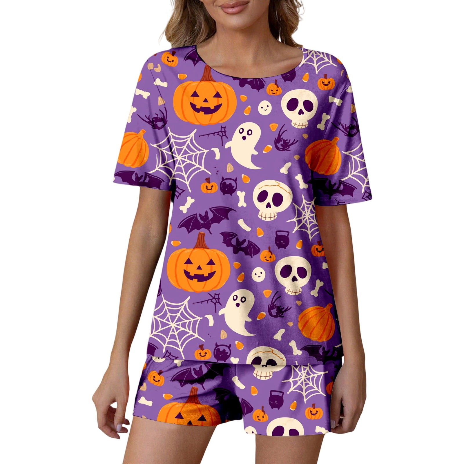Halloween Womens Pajamas Set Ghost Print Crewneck Short Sleeve Top and ...