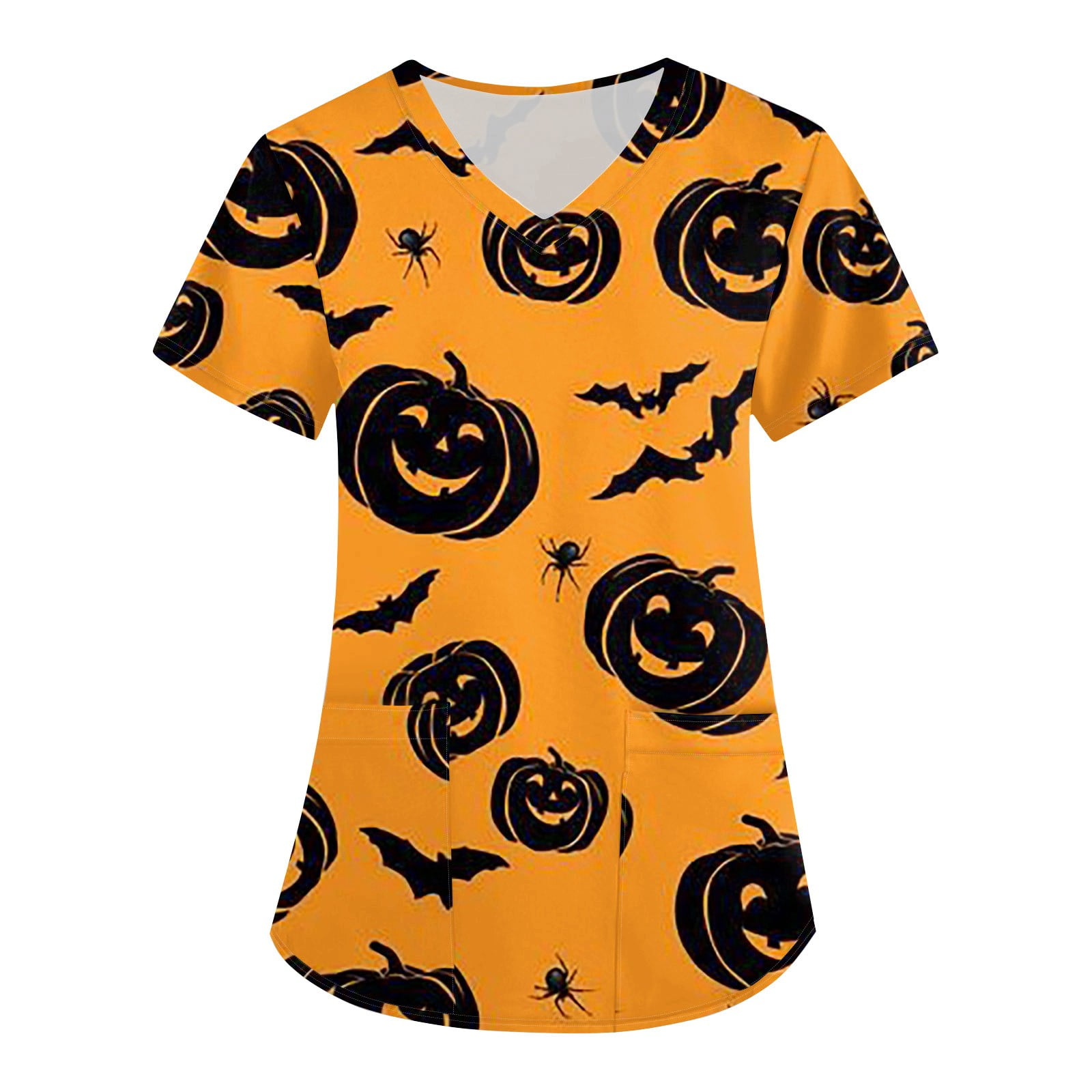 Halloween Womens Print Scrub Tops Pumpkins Bats Printed Short Sleeve V Neck Plus Size Scrub Tops