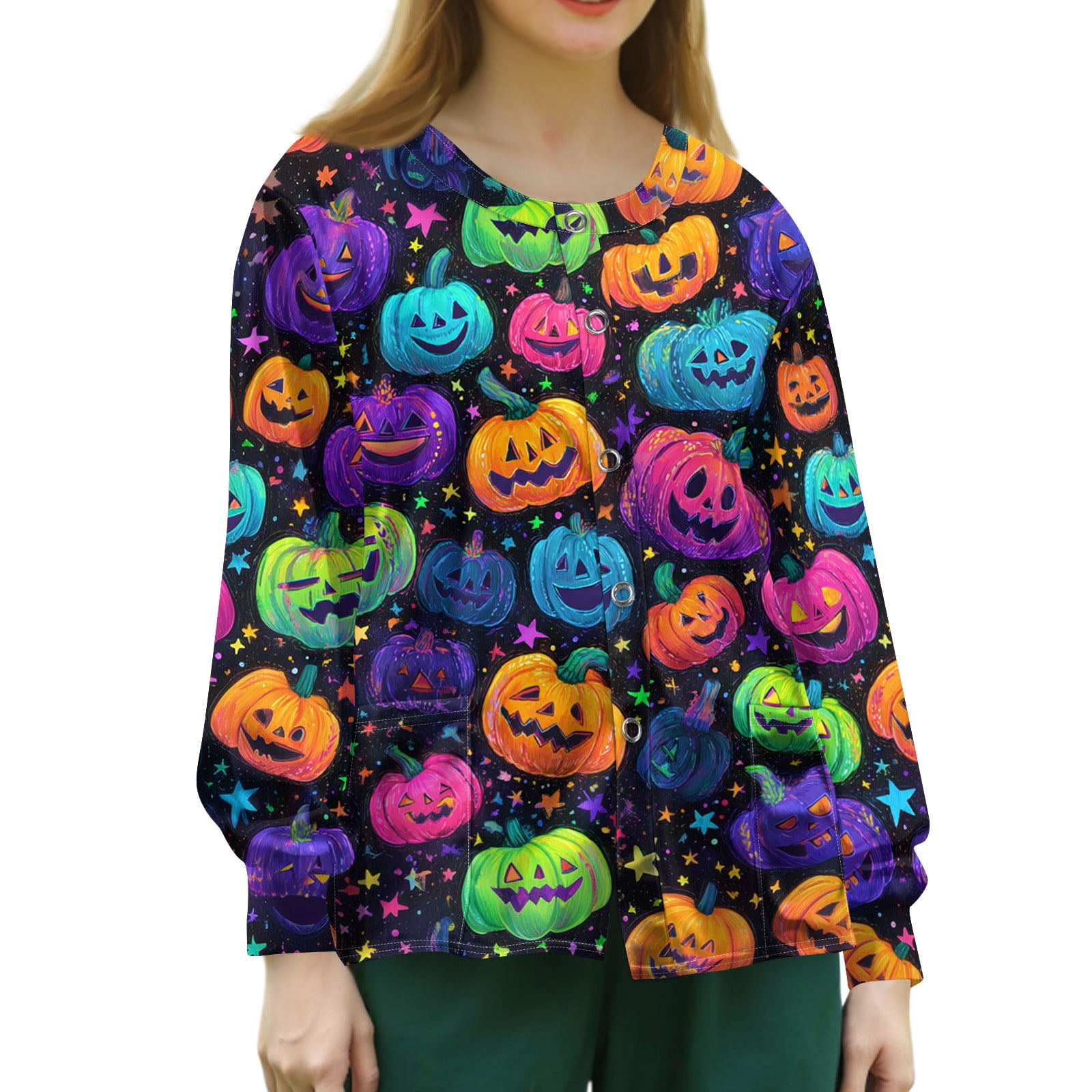 Halloween Womens Warm Up Scrubs Jacket Pumpkin Pattern Long Sleeve ...