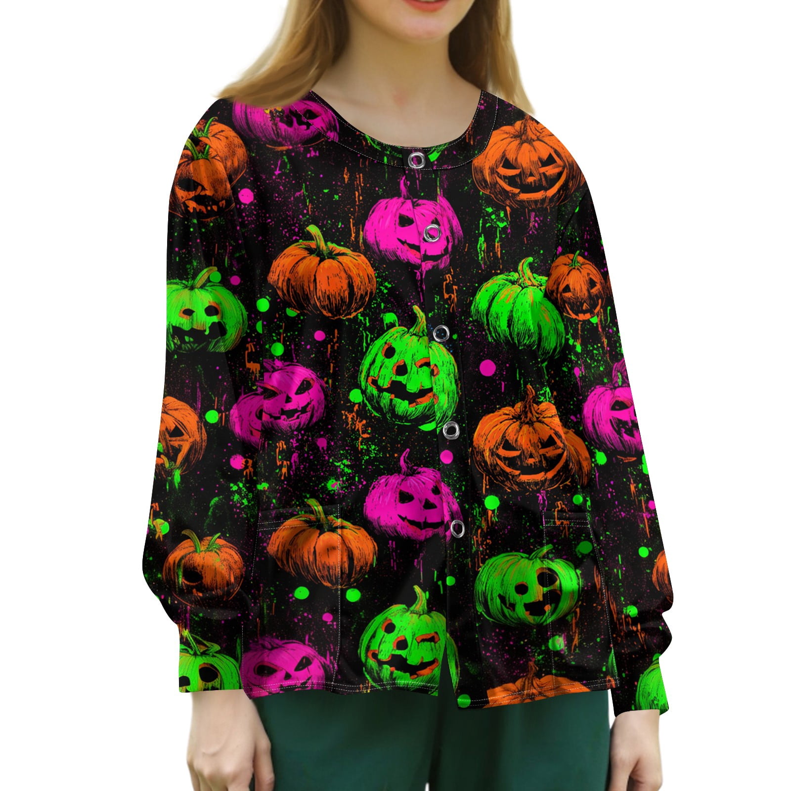Halloween Womens Warm Up Scrubs Jacket Pumpkin Pattern Long Sleeve ...