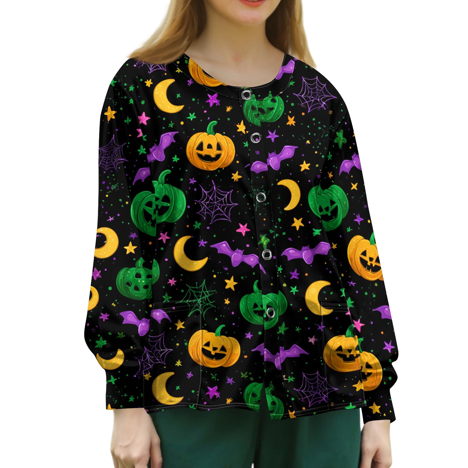 Halloween Womens Warm Up Scrubs Jacket Pumpkin Pattern Long Sleeve ...