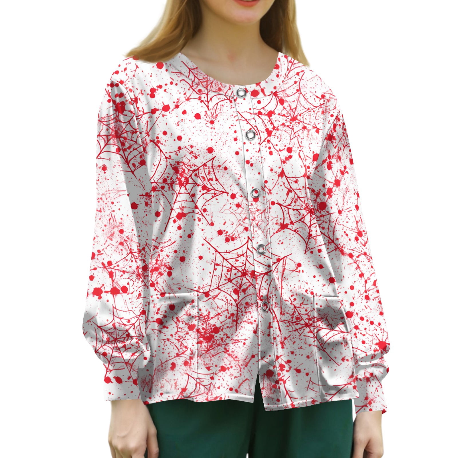 Halloween Womens Warm Up Scrubs Jacket Pumpkin Pattern Long Sleeve ...