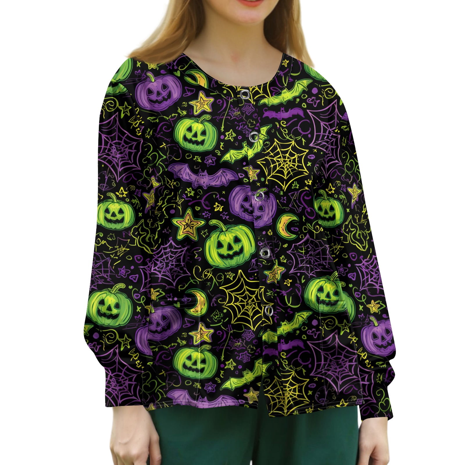 Halloween Womens Warm Up Scrubs Jacket Pumpkin Pattern Long Sleeve ...