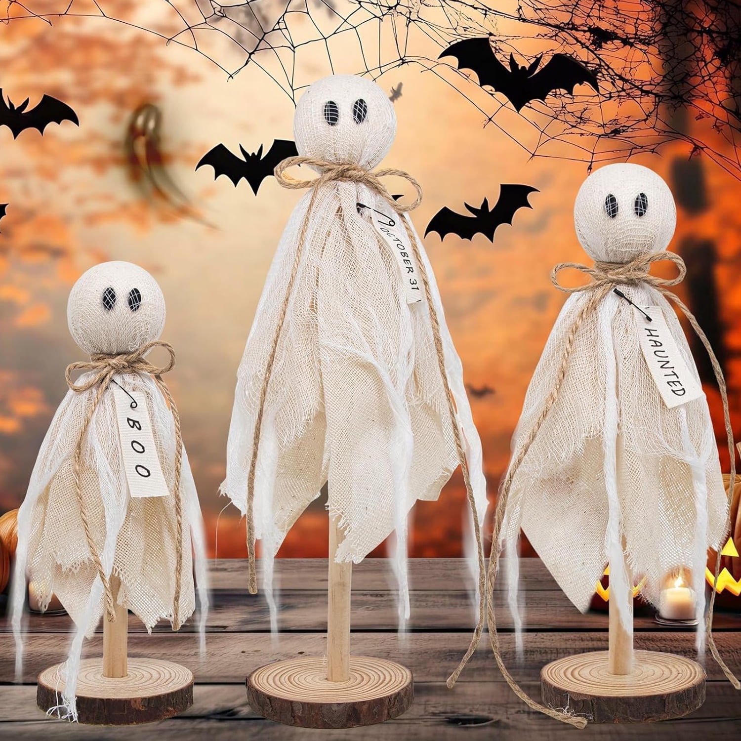 Halloween Wooden Ghost Table Decor 3 Sizes Rustic Fabric Ghosts on ...