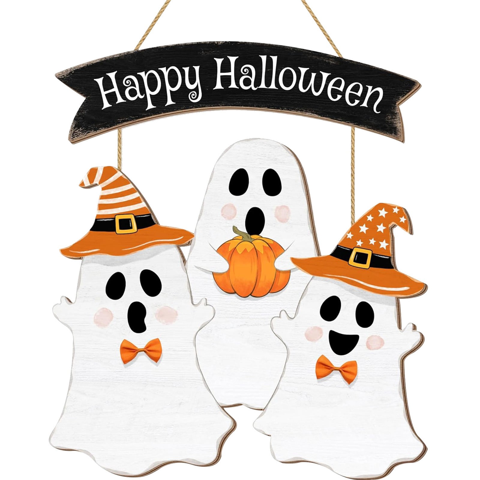 Halloween Wooden Hanging Sign With Cute Cartoon Ghosts Wearing Witch ...