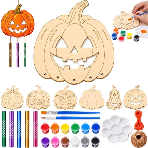 Halloween Wooden Pumpkin Craft Kit, DIY Fall Paintable Wind Chime Decor ...