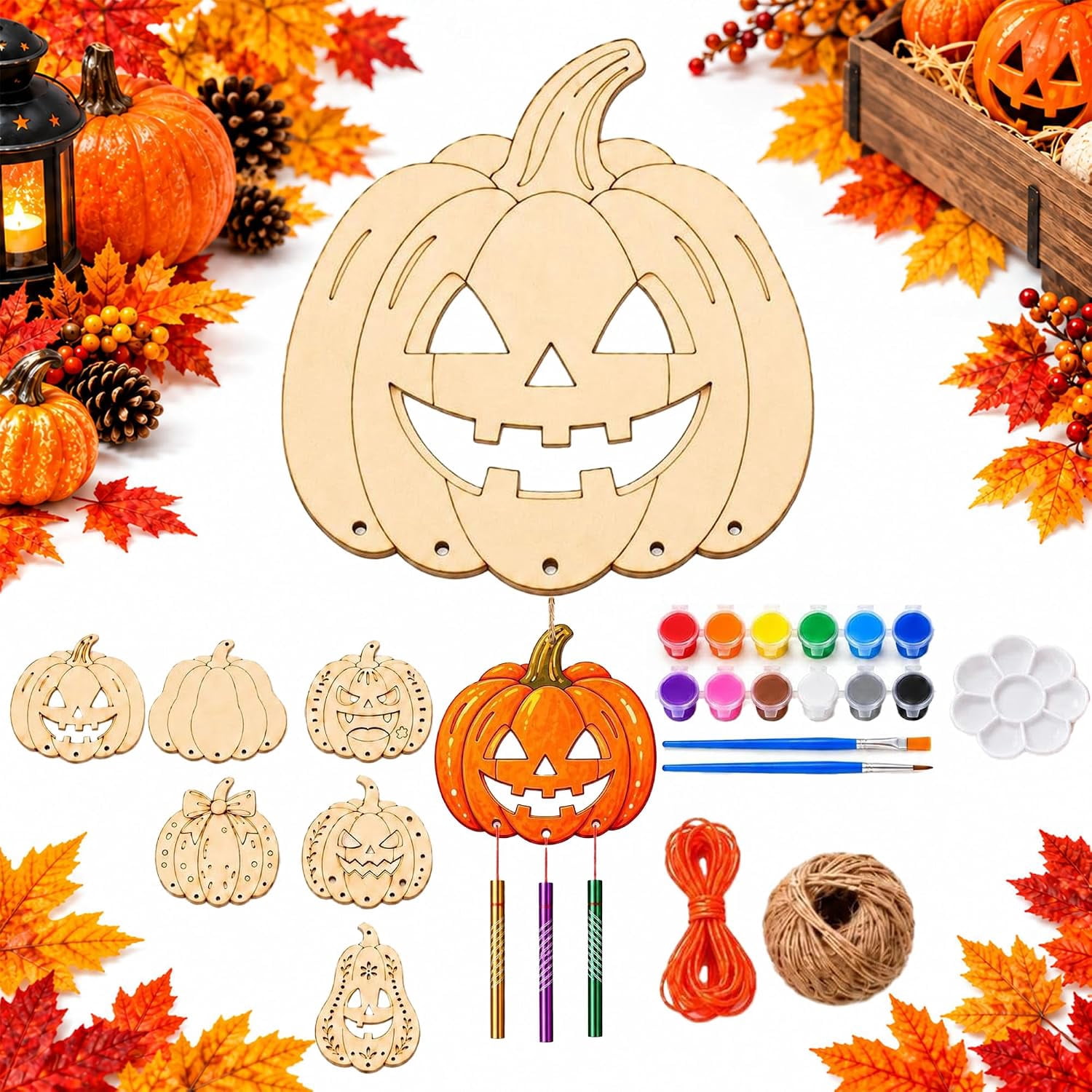 Halloween Wooden Pumpkin Craft Kit, DIY Wind Chime with 12 Paint Colors ...