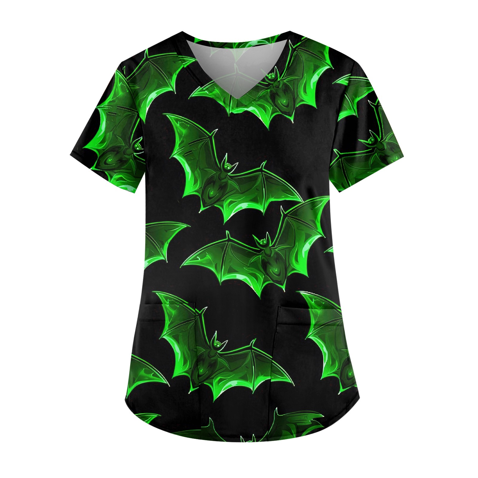 Halloween Working Uniform Shirts for Women Pumpkins Bats Printed V Neck ...