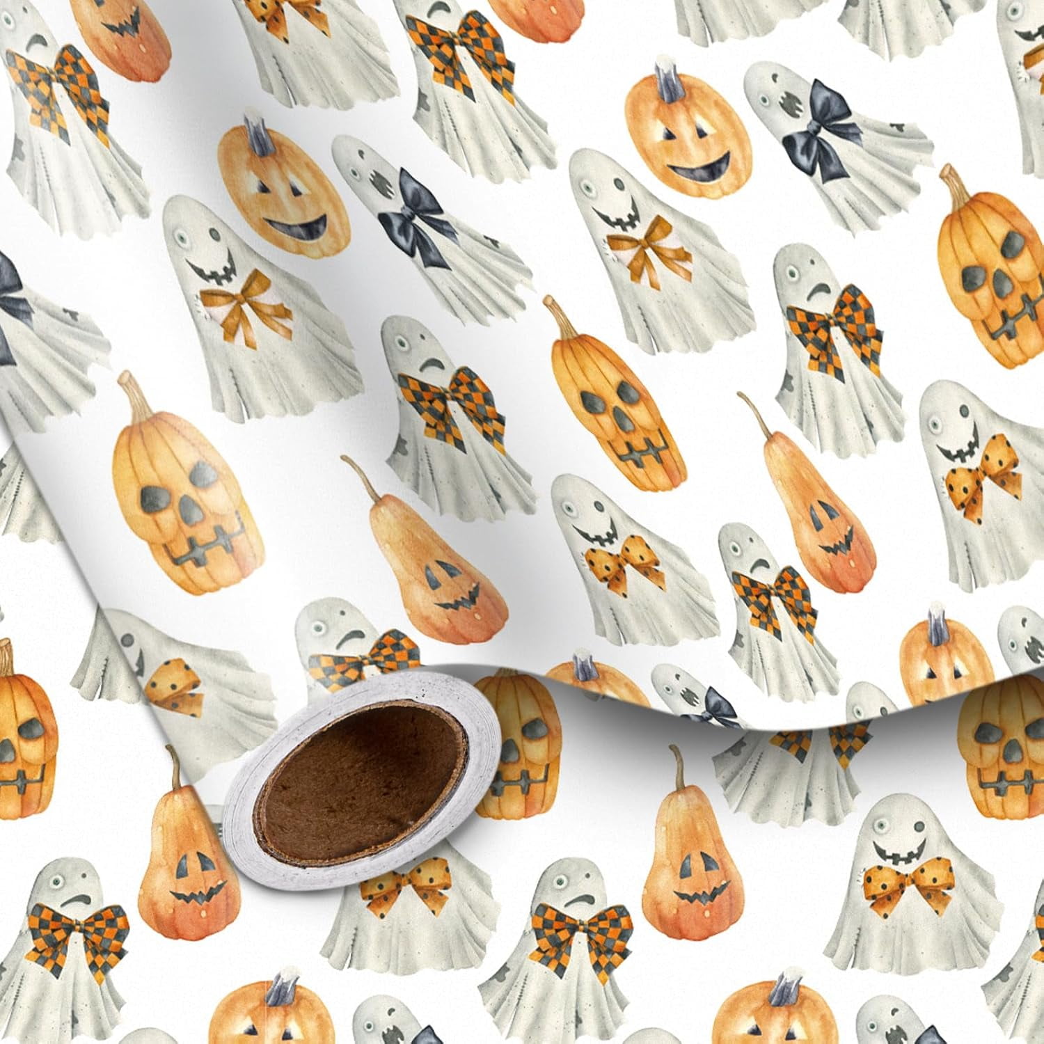 Halloween Wrapping Paper Roll for Kids, Watercolor Ghosts Pumpkins with ...
