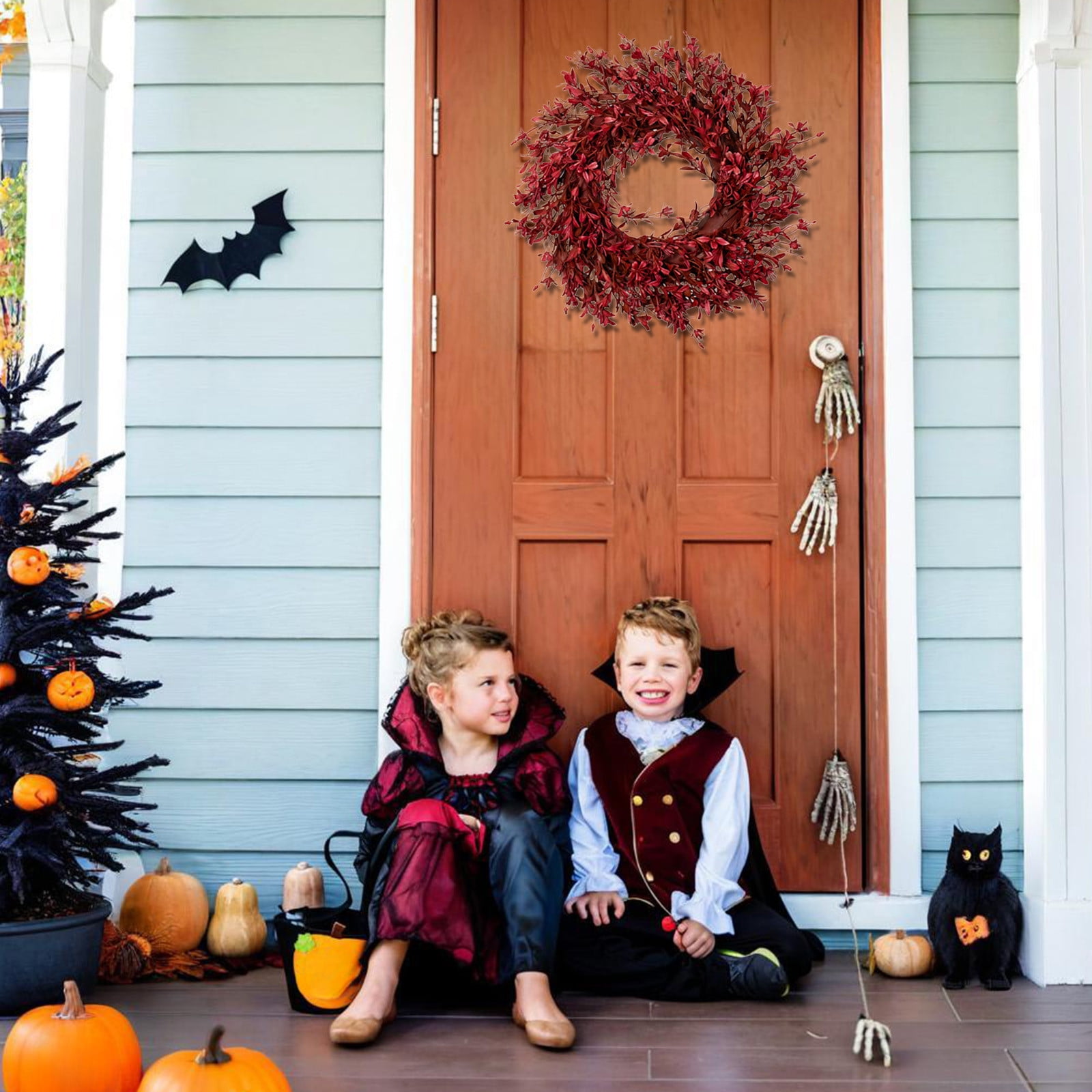 Halloween Wreath Black Plastic Door Decor with Flowers Holiday Hanging ...
