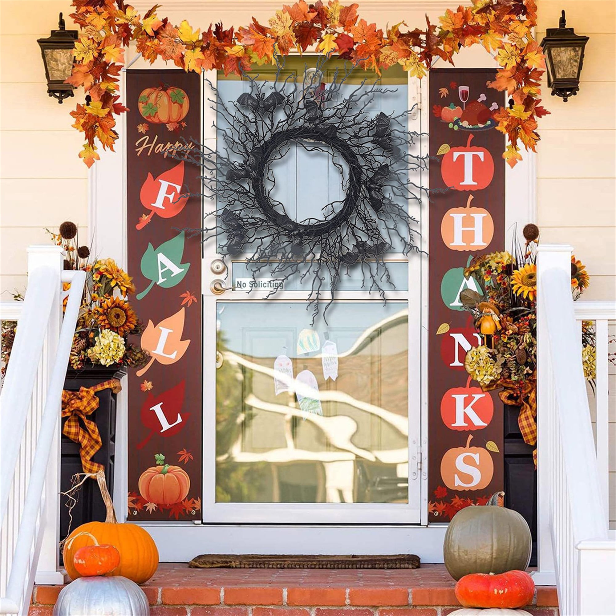 Halloween Wreath Door Decorations Black Bat Rattan Circle Garland for ...