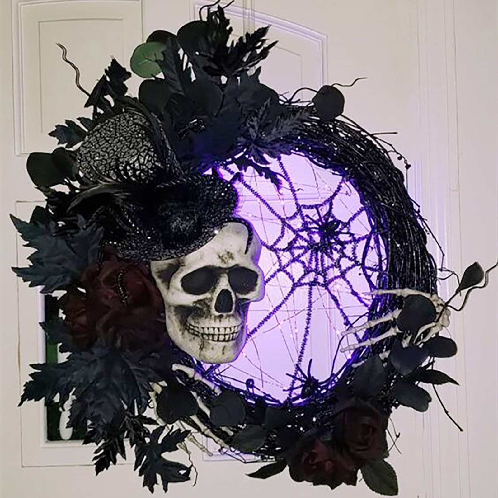 Halloween Wreath with Lights for Front Door Glowing Decorative Garland for Indoor and Outdoor ...
