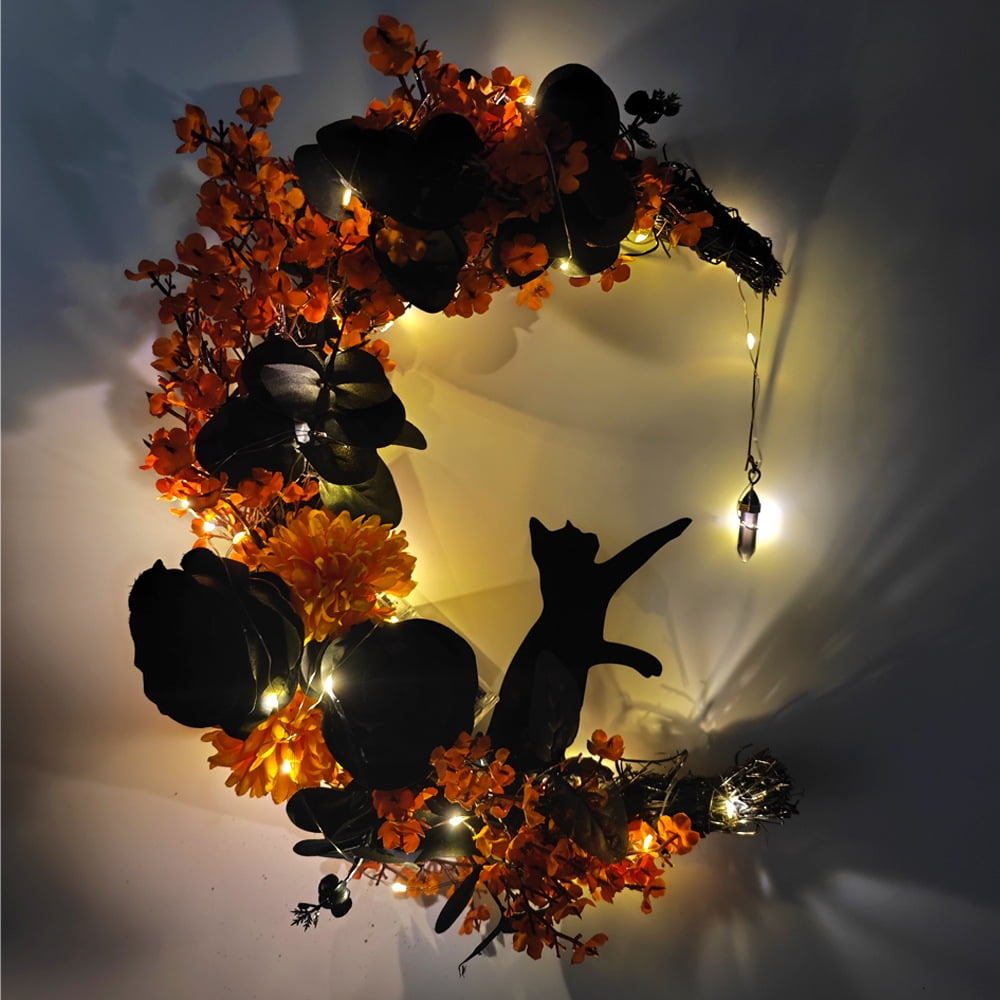 Halloween Wreaths for Front Door Halloween Moon Wreath with Black Cat ...