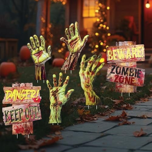Halloween Zombie Yard Signs | 6 Pcs Pack (4 Zombie Hands, 2 Warning ...