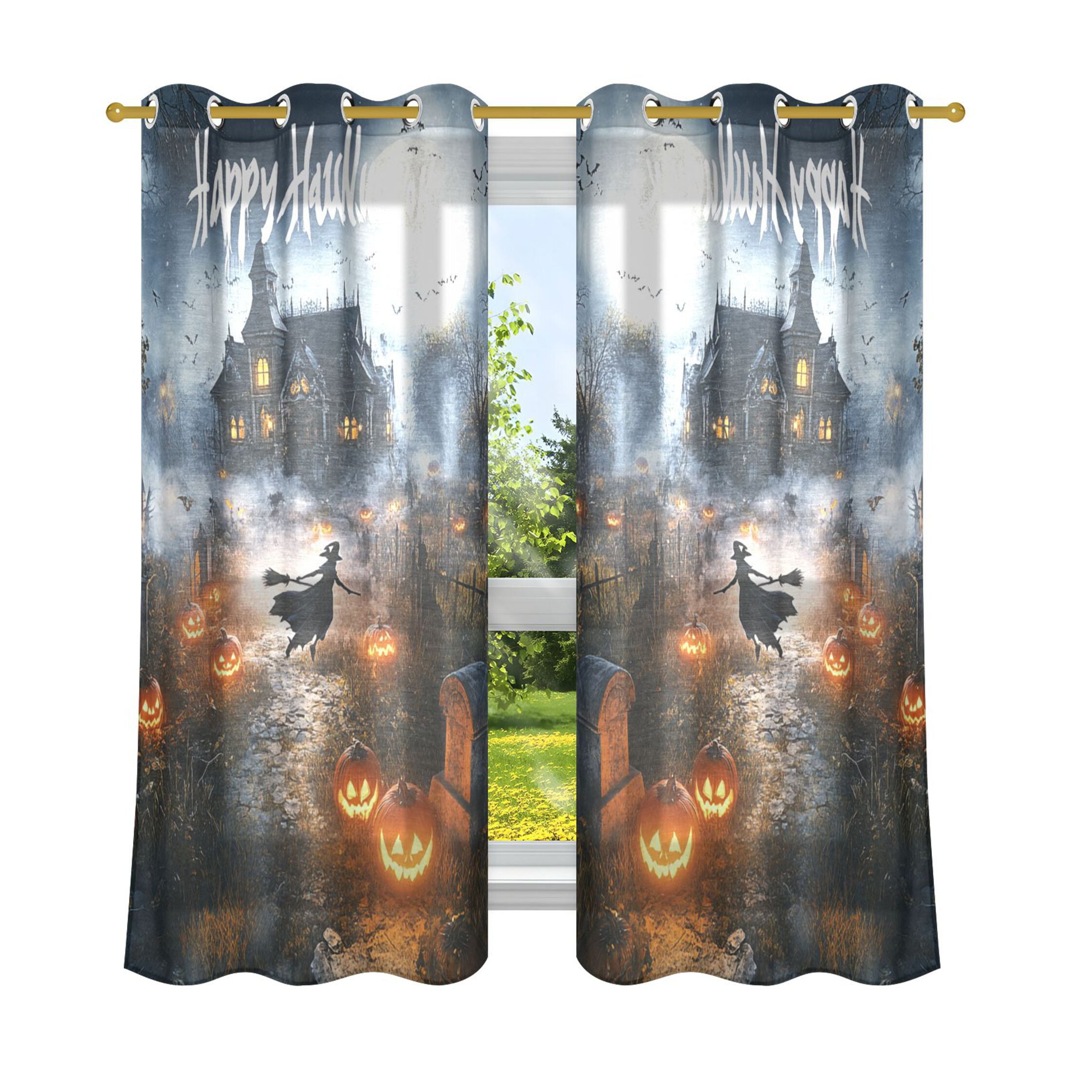 Halloween and Haunted House Semi Sheer Curtains for Living Room Bedroom ...