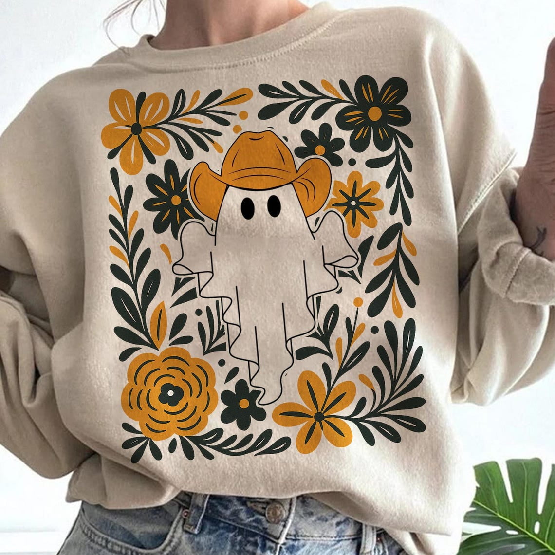 Halloween fall Ghost boho Sweatshirt, Boho Floral Fall Png, Halloween ...