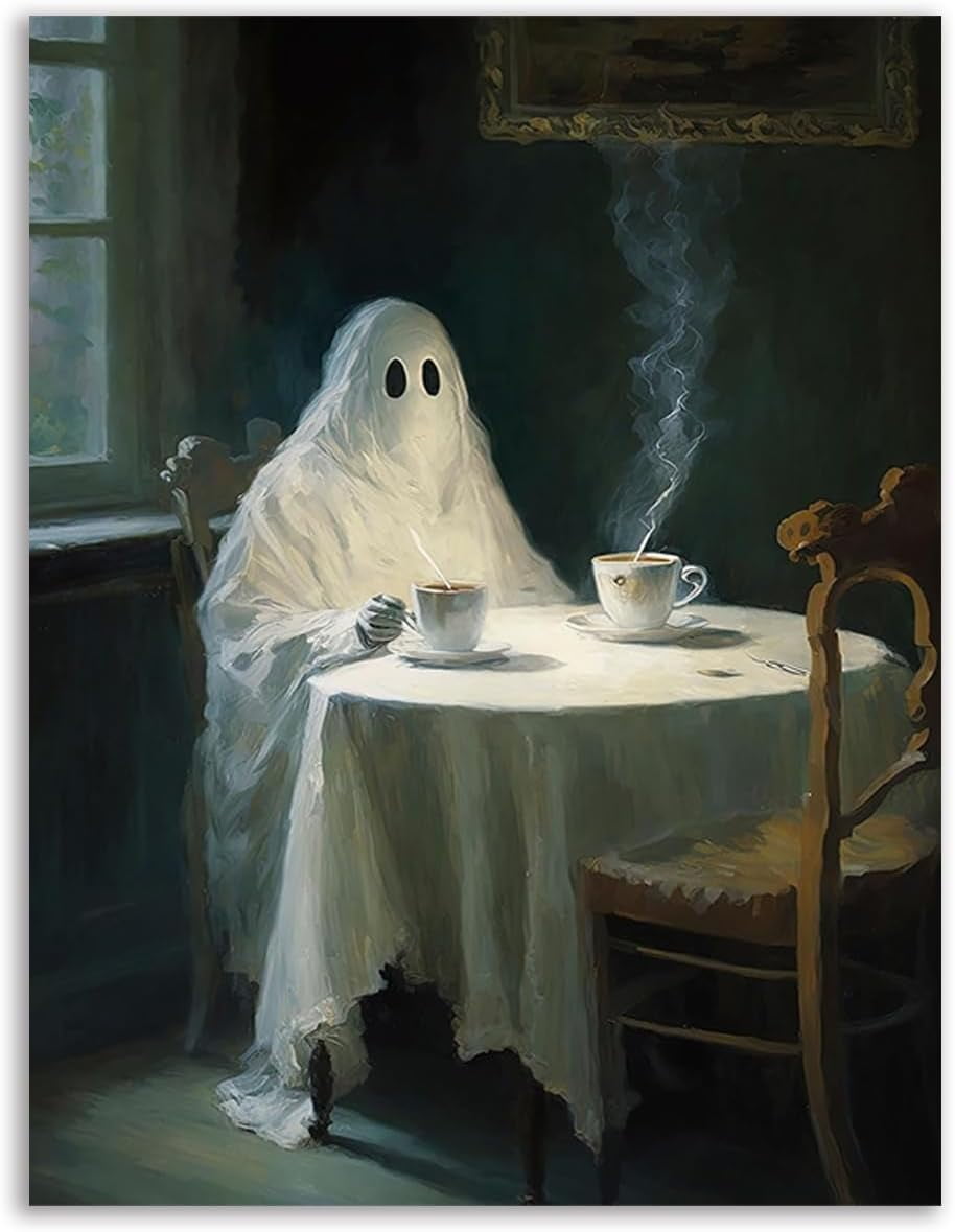 Halloween poster Elegant Ghost Drinking Tea Wall Art Funny Gothic Aesthetic Spooky Posters ...