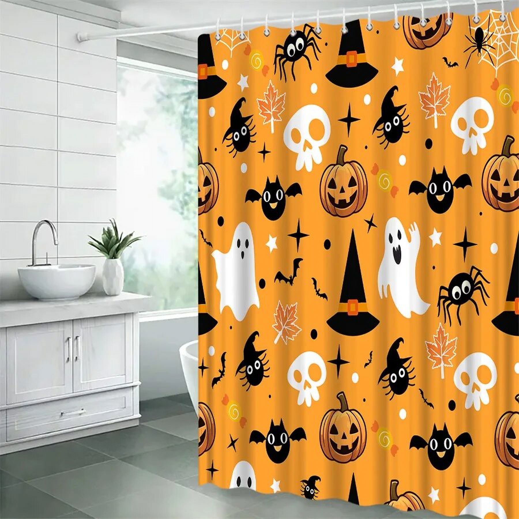 Halloween Shower Curtain Black Cat Horror Pumpkin Lamp Witch Broomstick