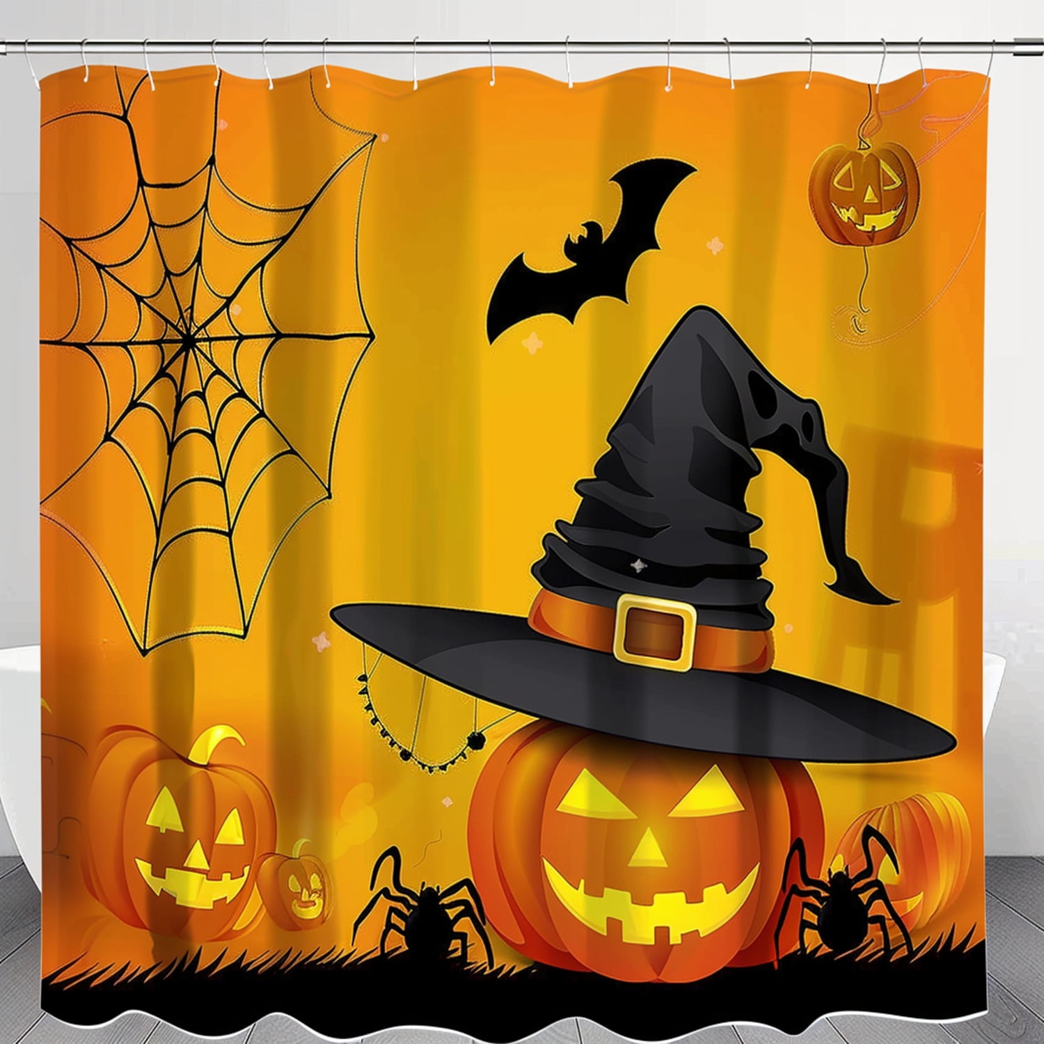 Halloween Themed Bathroom Curtain Set Featuring Witch Hat And Pumpkin