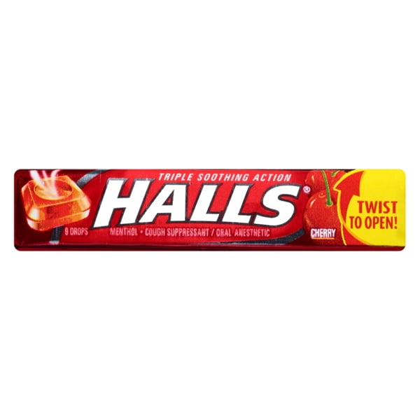 Halls Cherry Triple Soothing Action Cough 9-Drop Sticks - Pack of 20 ...