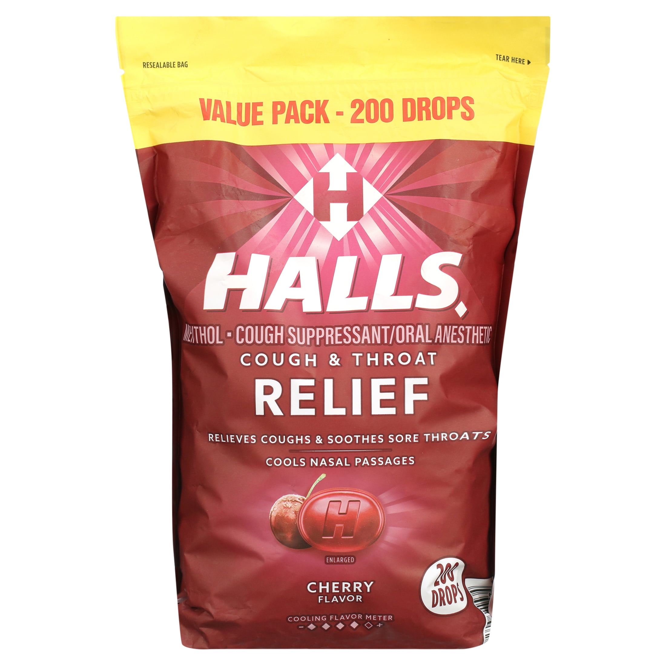Halls Cherry Cough Suppressant/Oral Anesthetic Drops - 200 Count Bag - Walmart.com