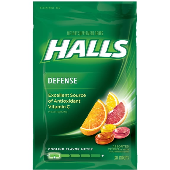 Halls Defense Supplement Drops, 30 Ct, Assorted Citrus, 100% Daily ...