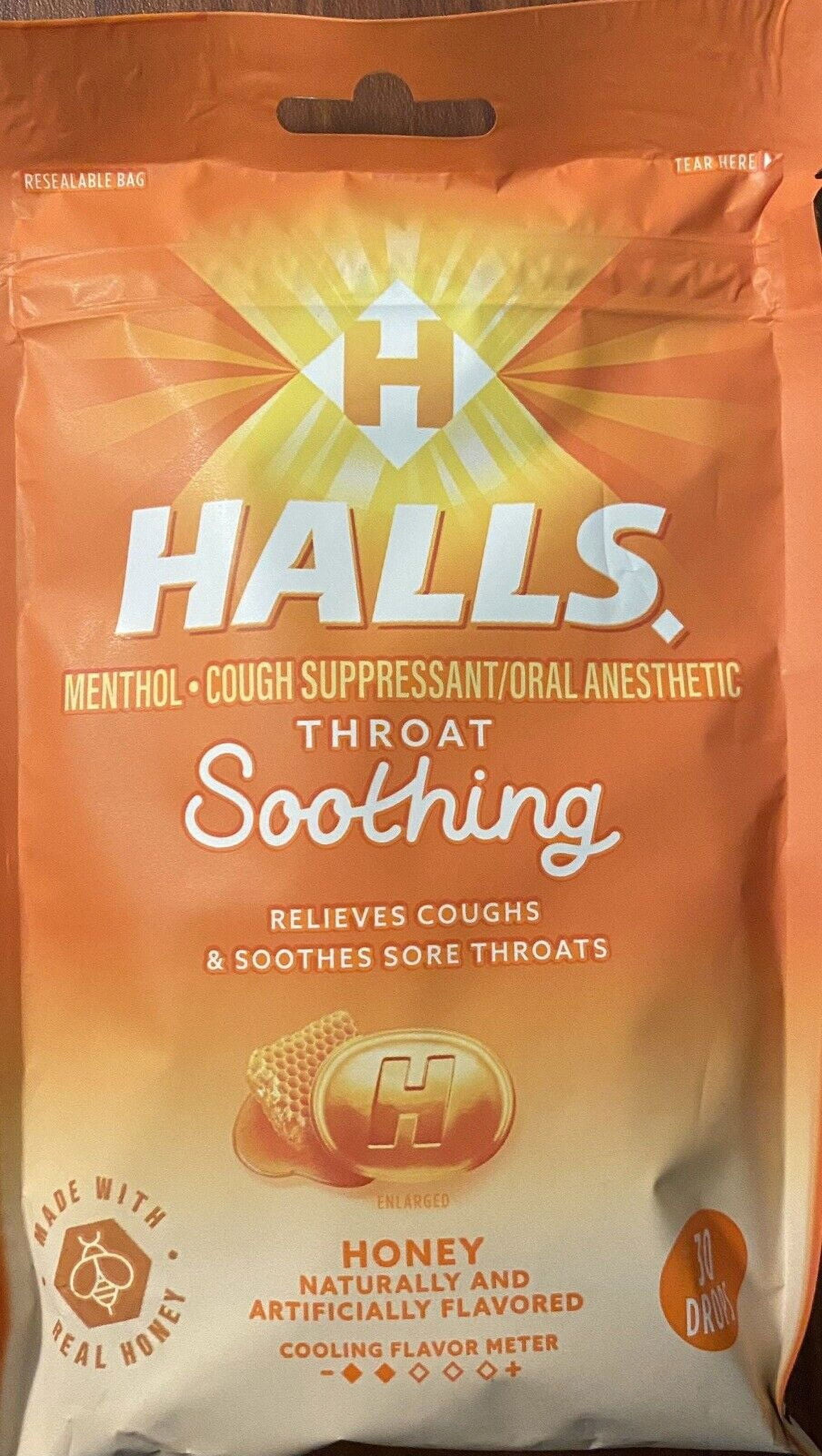 Halls HONEY Throat Soothing Lozenges Menthol Cough Suppressant 30 Drops ...