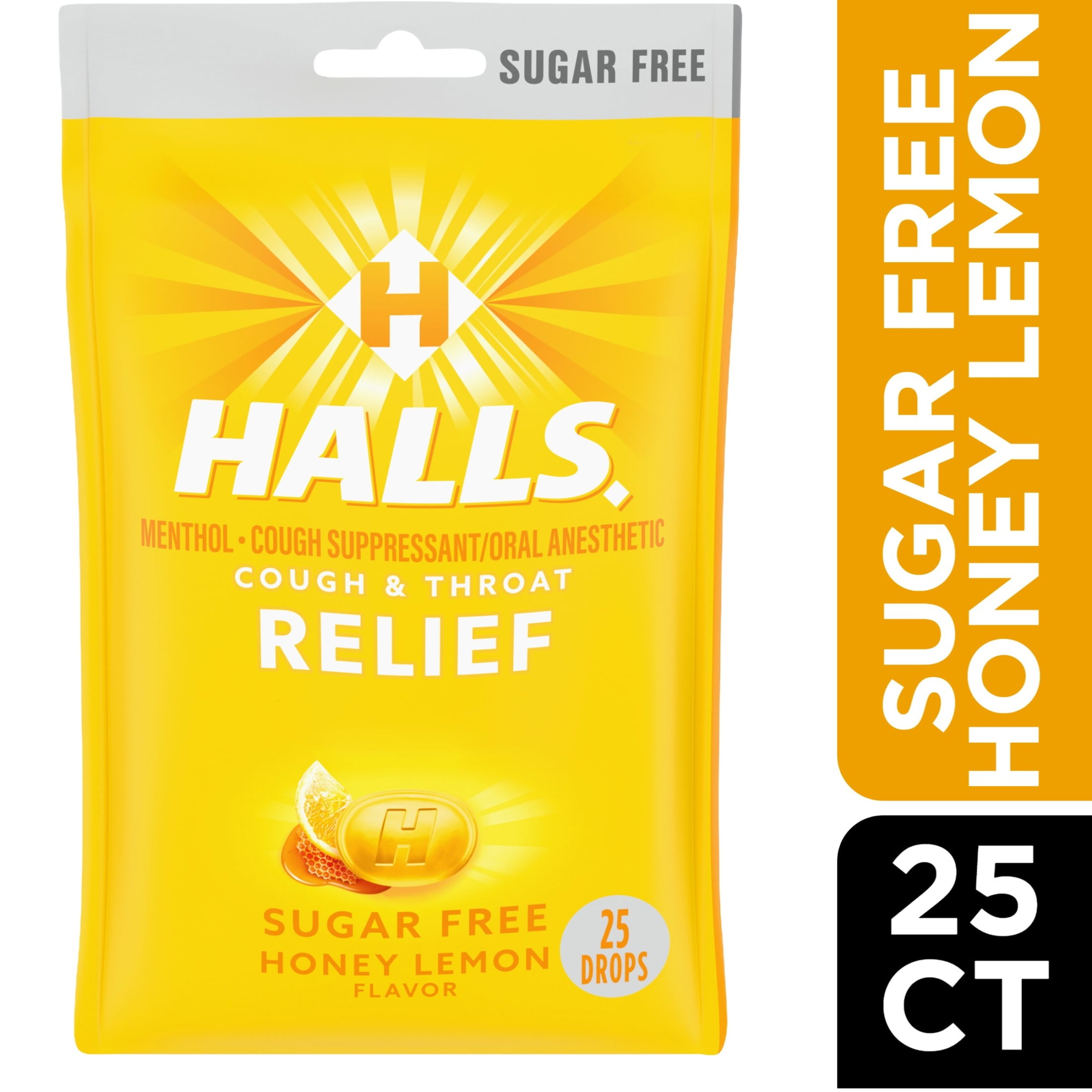 HALLS Relief Honey Lemon Sugar Free Menthol Lozenges, Cough Drops, 25 ...