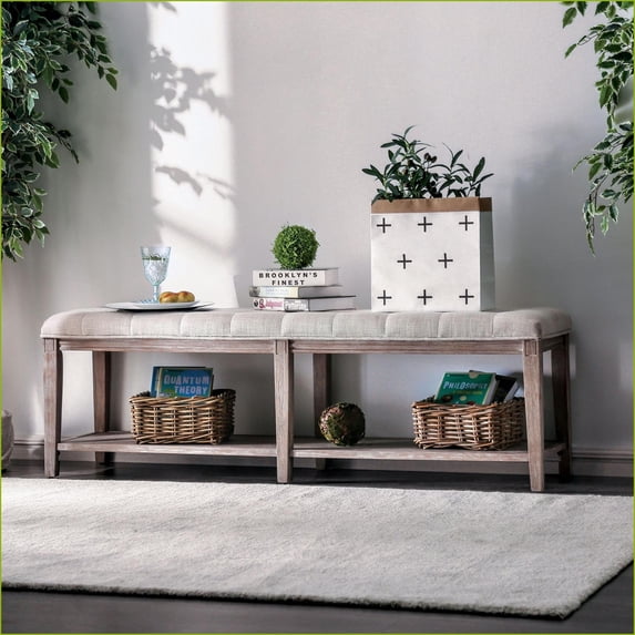 Hallway Bench, Rustic Style Button Tufted with Open Bottom Storage, 59 ...