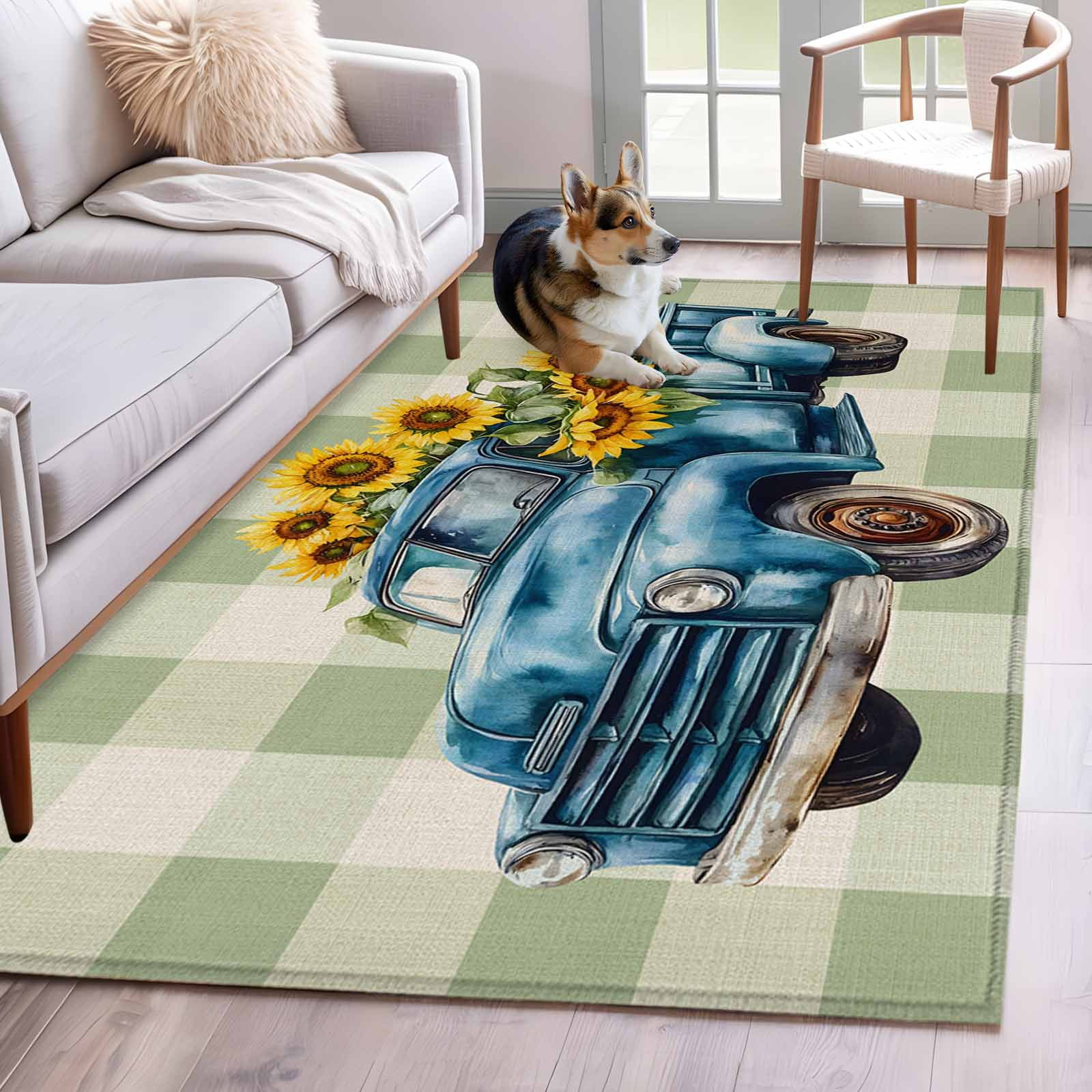 Hallway Runner Rugs 2.7x5 Ft, Blue Truck Yellow Sunflower Non Slip Area ...