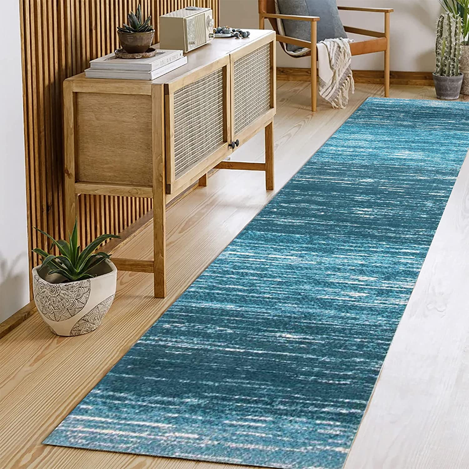 Non-Slip Sea Blue Stripe Runner Rug, Machine Washable, Dog Friendly ...