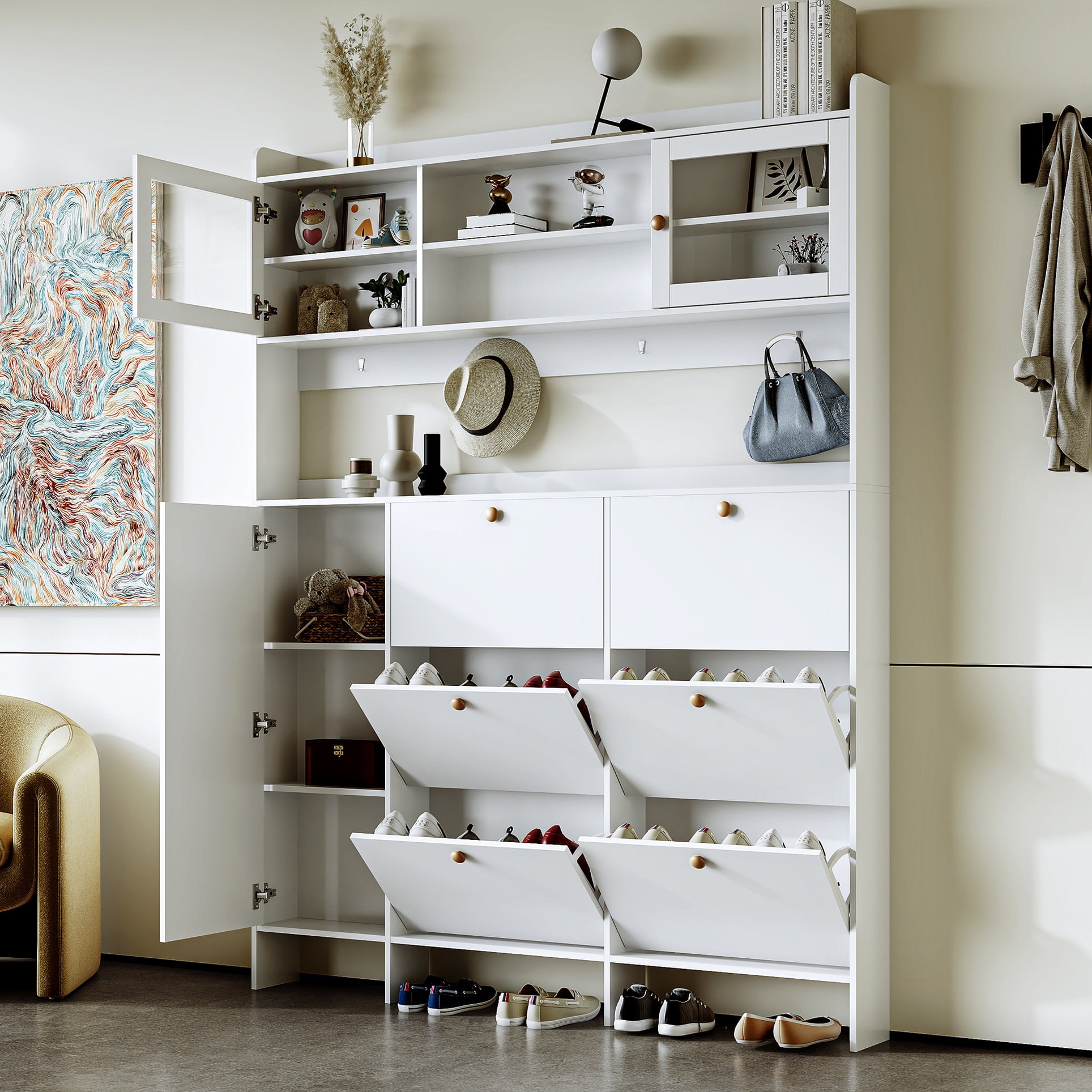 Hallway Storage Cabinet With 6 Flip Drawers, Large Hall Tree Tempered ...