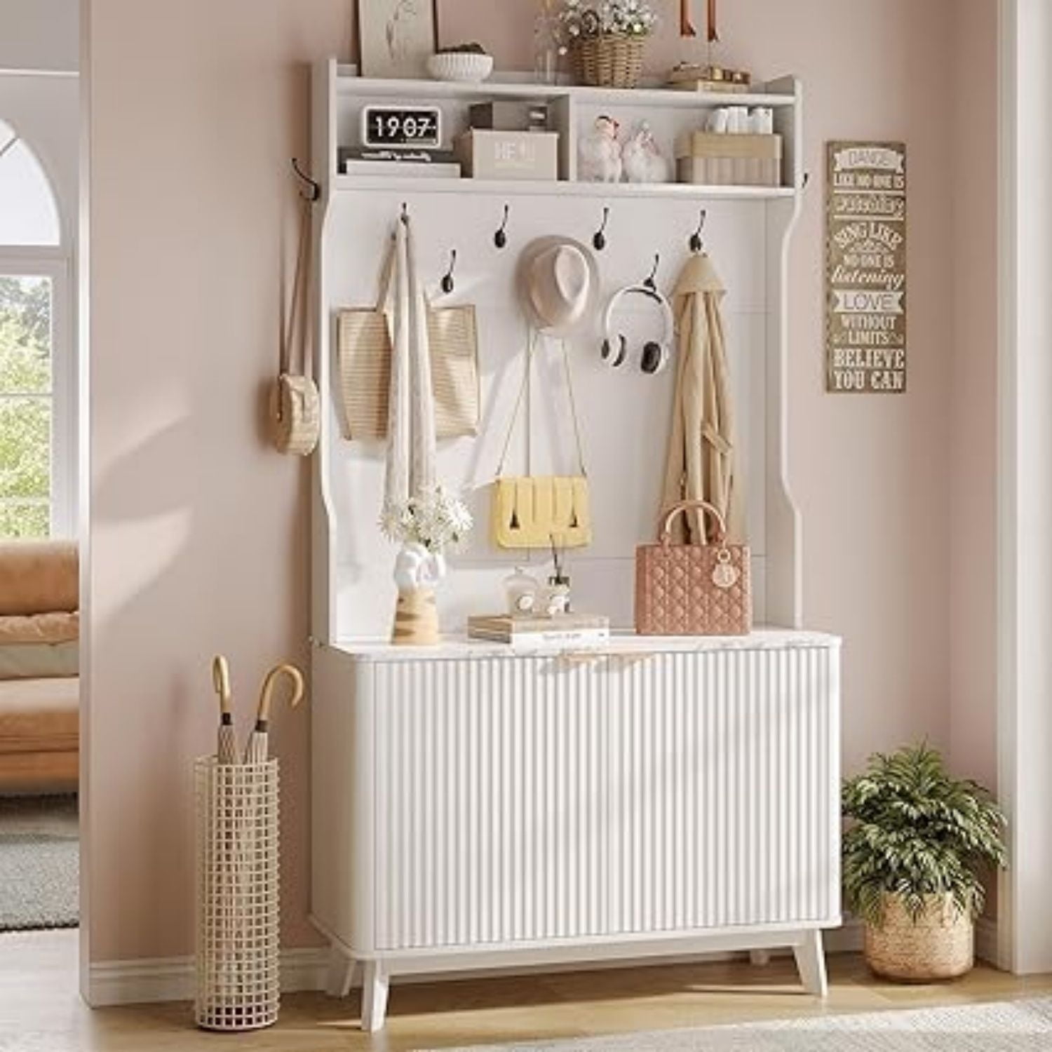 Hallway Tree with Shoe Storage, 77" Coat Rack with 18 Shoes Cubbies & 9 ...